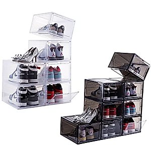 Attelite 6 Pack Clear+8 Pack Black Large Drop Front Shoe Box Plastic Shoe Storage Box with Lid, As Stackable Shoe Containers for Display Sneakers