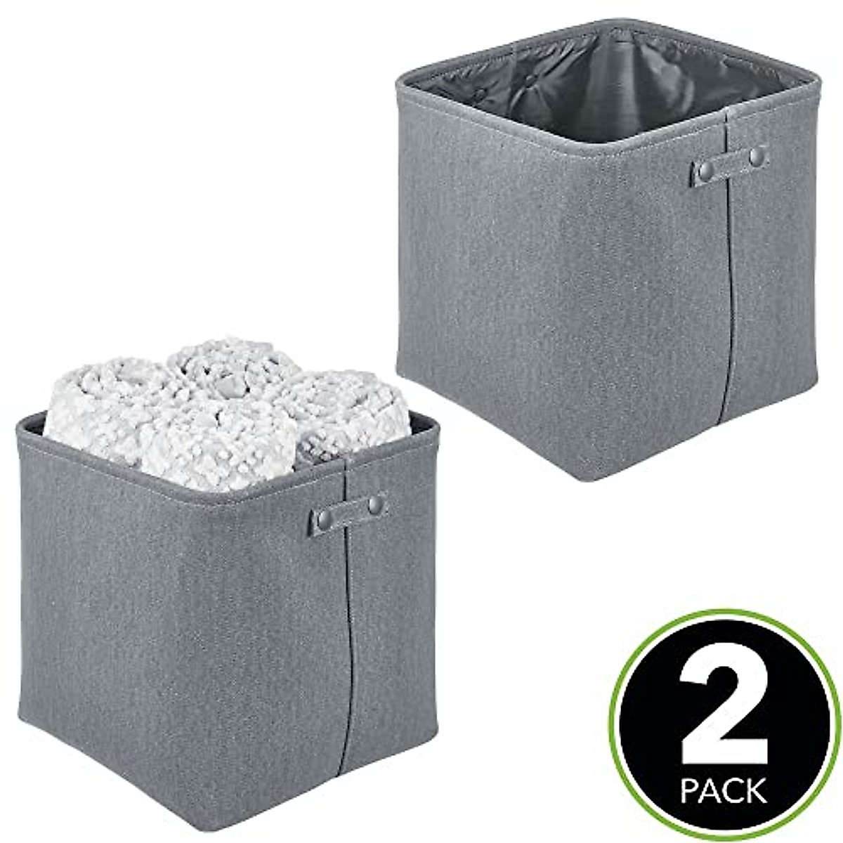 mDesign Soft Cotton Fabric Bathroom Storage Bin with Handles - Organizer for Towels, Toilet Paper Rolls - for Closets, Cabinets, Shelves - Textured Weave, 2 Pack - Charcoal Gray