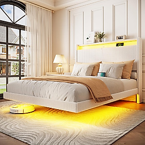 Fameill Queen Size Floating Bed Frame Metal Platform Bed with Charging Station, LED Lights, Comfy Corduroy, Tall Headboard Queen Bed Frame, No Box Spring Needed, Easy Assembly, Beige