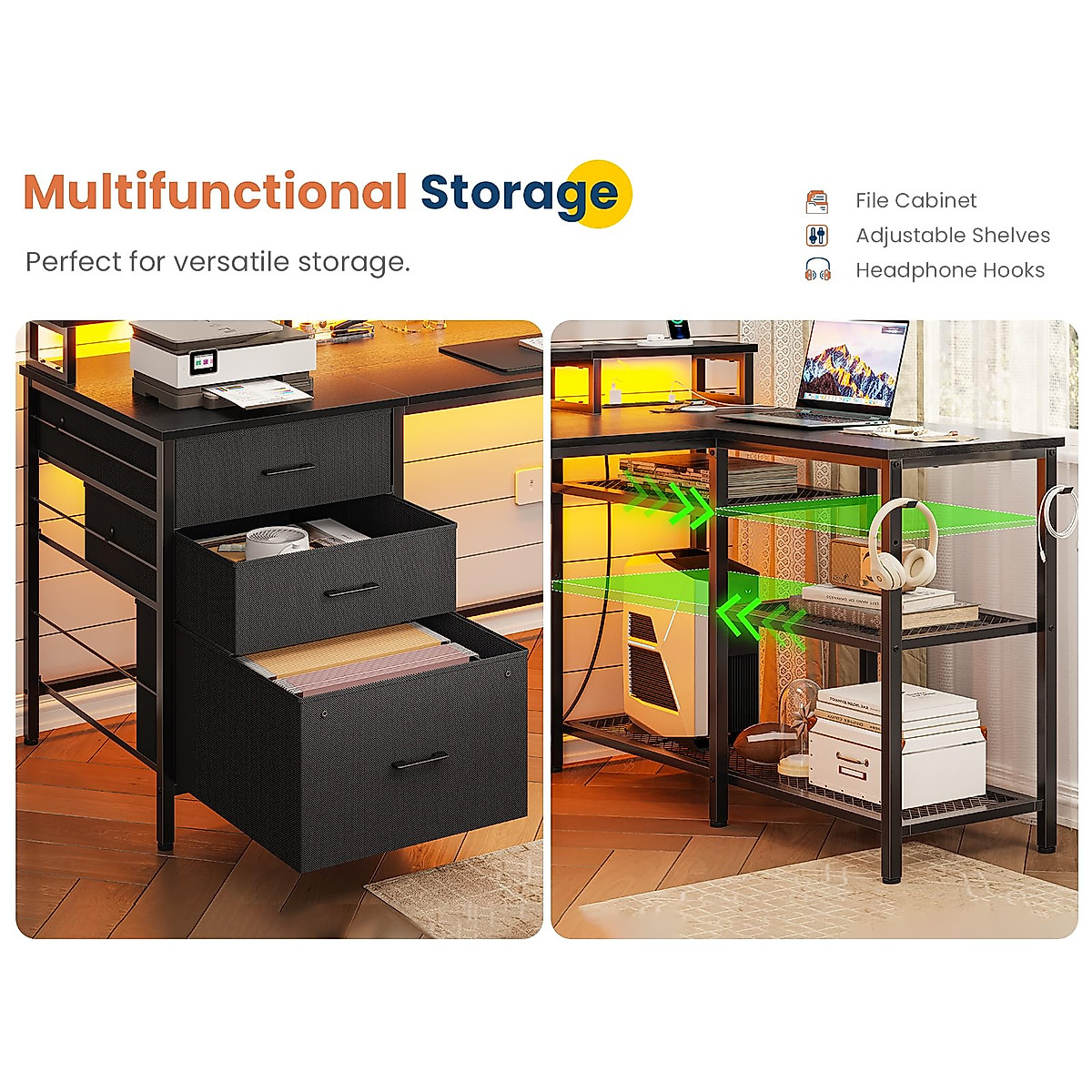 UPOSOJA L Shaped Gaming Desk with 3 Drawers, 78" Reversible Computer Desk with Power Outlet & LED Strip, Home Office Desk with Storage Shelves, Monitor Shelf, Mouse Pad Black