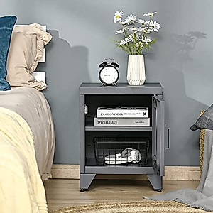 HOMCOM Industrial End Table, Living Room Side Table with Locker-Style Door and Adjustable Shelf, Grey