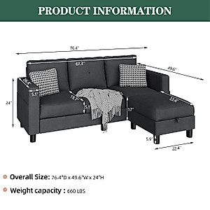 JAMFLY Sectional Couches for Living Room, Small L Shaped Couch Sofa with Ottoman, Convertible Sectional Sofa Set with Storage for Small Space (Black Grey)