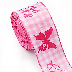 Breast Cancer Awareness Fabric Decor Ribbons Pink White Plaid Burlap Linen Ribbons for Breast Cancer Charity Party Hanging Decoration Gift Wrapping Indoor Outdoor Craft Supplies, 2.5 Inch * 10 Yards