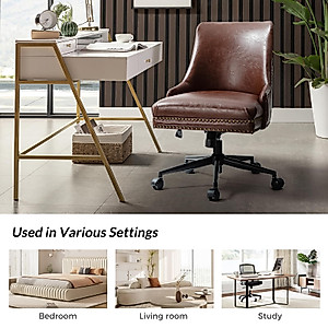 Faux Leather Home Office Chair with Black Metal Base and Nailhead, Modern Comfy Ergonomic Desk Chair with Adjustable Height/Tilt, 360-Degree Swivel, Armless Cute Decoration Vanity Chair, Brown