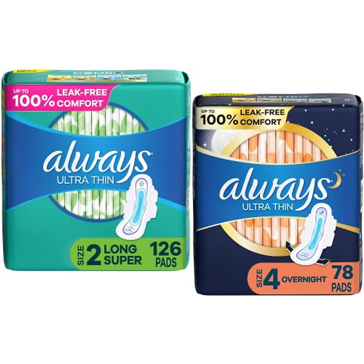 Always Ultra Thin Feminine Pads for Women Day/Night Bundle - Size 2, Super Absorbency, 126 Count and Size 4, Overnight Absorbency, 78 Count (204 Total Pads)