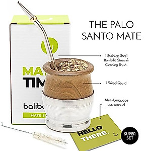 BALIBETOV [New Yerba Mate Wood Gourd Set - Traditional Palo Santo and Aluminum (Mate Cup) with Bombilla (Yerba Mate Straw) (Wood With Aluminum Base)