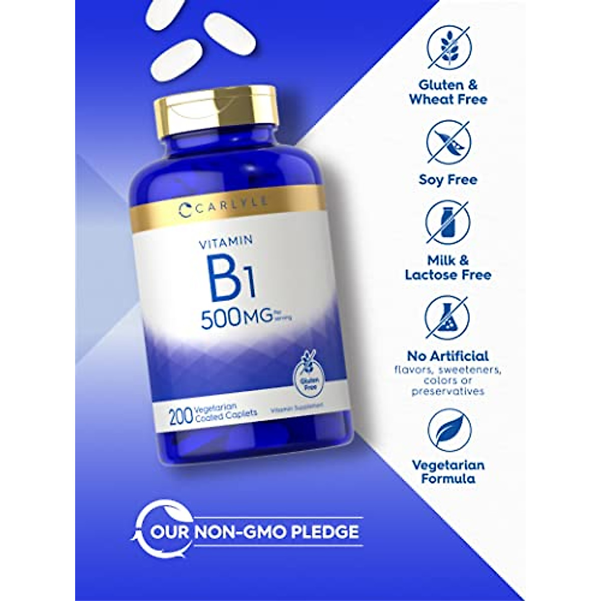 Carlyle Vitamin B1 500mg (Thiamine) | 200 Vegetarian Caplets | Non-GMO and Gluten Free Supplement