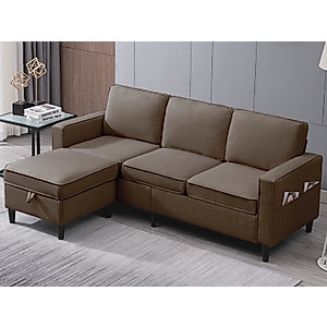 PUREMIND 78 Inches Convertible Sectional Sofa, Linen L-Shaped Sofa Couch with Reversible Storage Ottoman, Wooden Legs, 3-Seat Sectional Couches for Living Room, Small Space, Apartment (Coffee)…