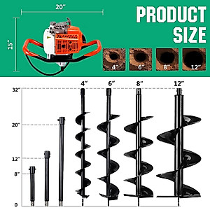 DC House 63CC Heavy Duty Gas Powered Post Hole Digger with 4pcs Earth Auger Drill Bits 4"6"8''12''Bits & Extensions Rods,Multiple Package