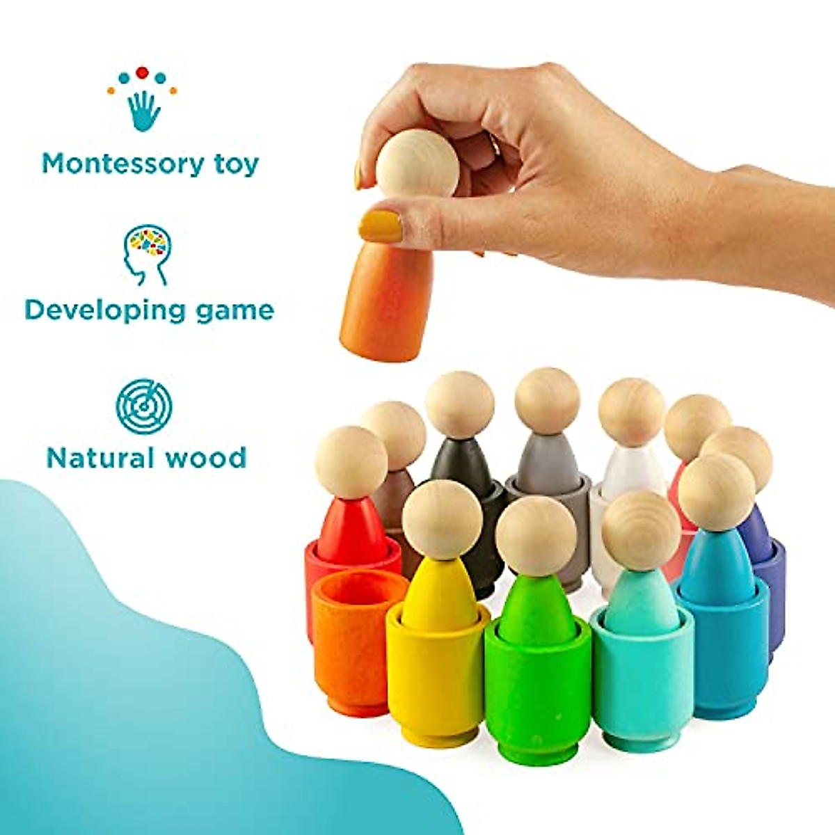 Ulanik Large Peg Dolls in Cups Toddler Montessori Toys for 3 Year Old + Kids Wooden Waldorf Dolls for Learning Color Sorting and Counting — 12 Gnomes, 3.35 in