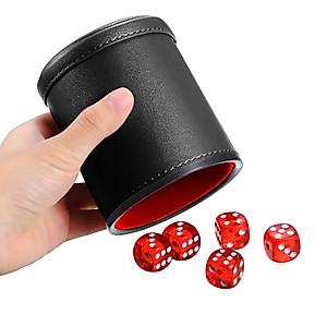 6 Pieces Dice Cup PU Leather Felt Lining Quiet Shaker with 30 Dices Compatible with Craps Backgammon Game (Black)