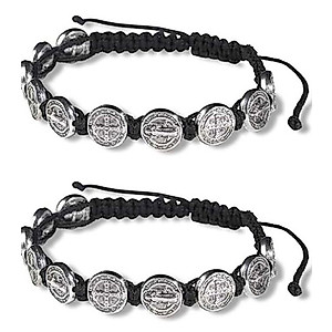 Silver Tone Saint Benedict Medal on Adjustable Black Cord Wrist Bracelet, 8 Inch, Pack of 2
