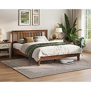 LINSY Queen Bed Frame, Wood Platform Bed Frame with headboard, Solid Wood Bed with Wood Slat Support, No Box Spring Needed, Easy Assembly, Walnut, Queen