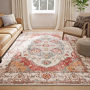 RELEANY 5x7 Area Rugs Machine Washable 5x7 Rug Low Pile Carpet No Shedding Area Rugs for Living Room Bedroom Dining Room Kitchen Entrance Indoor-Brick/Pink