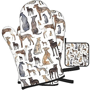 JKKL Greyhounds Wippets and Lurcher Dogs Pattern，3pcs Oven Mitts and Pot Holders for Kitchen,Cooking,Baking,Grilling,BBQ
