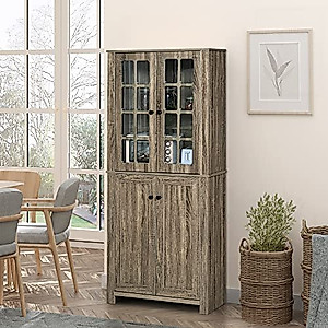 HOMCOM 71" Freestanding Kitchen Pantry Cabinet with Glass Door and Shelves, Tall Cupboard for Dining Room, Living Room, Natural