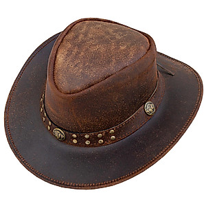 Leather Cowboy Hat for Men Women Western Australian Outback Hat with Shapeable Wide Brim, Brown Vintage Aussie Style Leather Hat for Unisex Adult with Chin Cord
