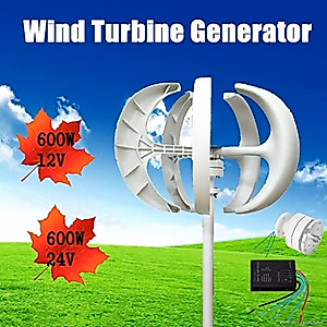 RANZHIX Modern Economy Turbine Wind Generator 5 Blades Vertical Wind Power Turbine Generator White Lantern Style with Charge Controller 600W 24V