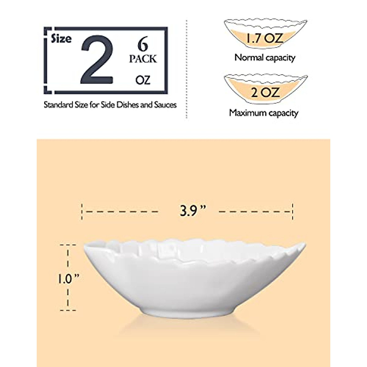 Dizada 6 Pack Ceramic Dip Bowls Leaf Shape,White Porcelain Dipping Soy Sauce Dish Condiments Small bowls Perfect for BBQ sauce,Tomato Sauce,honey mustard and soy sauce (B)