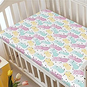 Pineapple Themed Fitted Crib Sheet,Standard Crib Mattress Fitted Sheet Soft and Breathable Bed Sheets-Baby Crib Sheets for Girl or Boy,28“ x52“,Earth Yellow Magenta Seafoam Dark Taupe