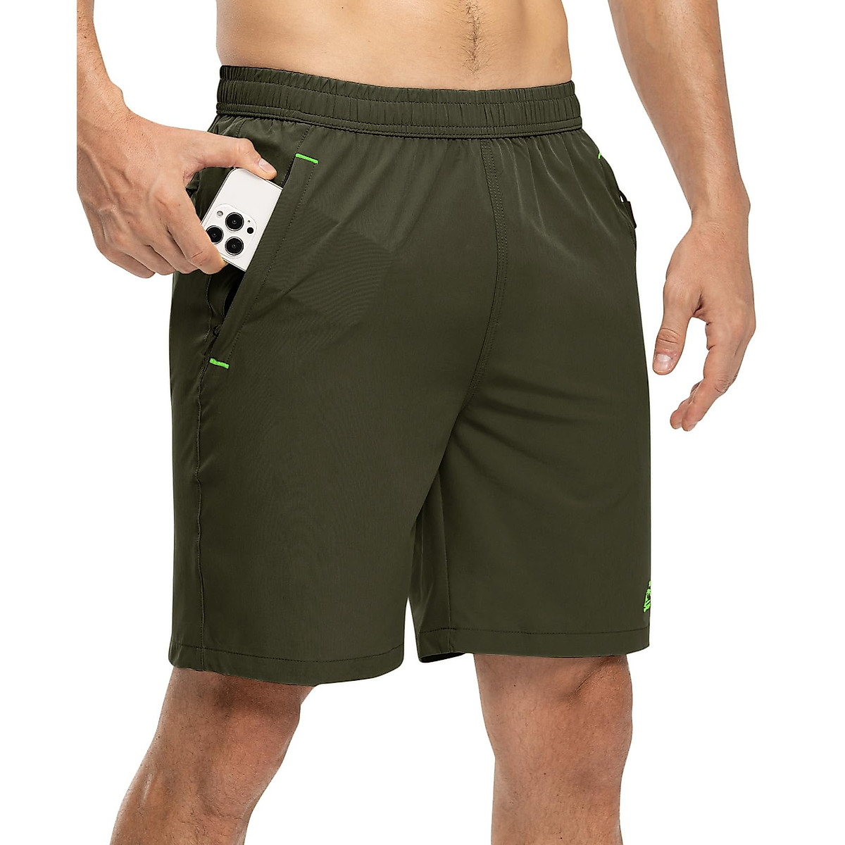 TBMPOY Men's Hiking Running 7" Shorts with Pockets Athletic Outdoor Sports Gym Running Short Zipper Pockets Army Green/Green L