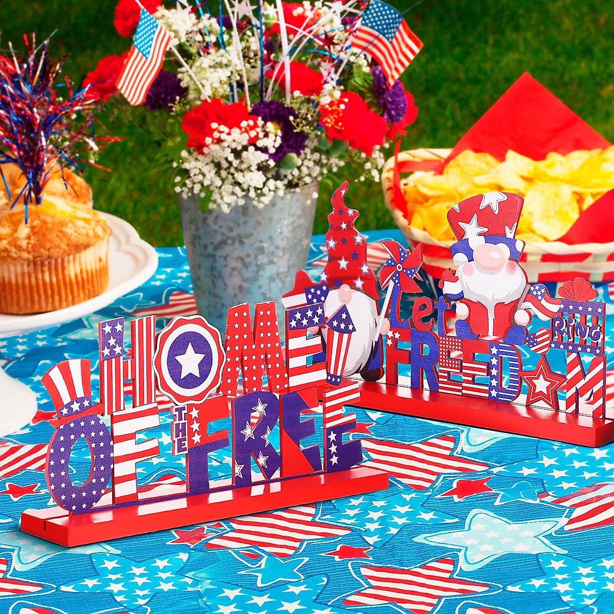 4 Pieces Patriotic Table Decoration 4th of July Wooden Table Centerpiece Independence Day Wood Letter Sign Home of Free God Bless America Table Decoration for Patriotic Party Memorial Day Home Decor