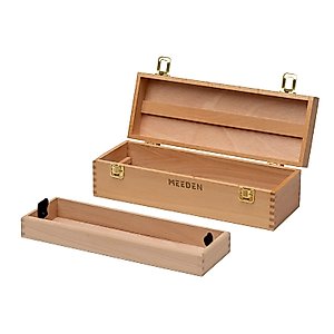MEEDEN Medium Art Supply Storage Box - Multi-Function Solid Beech Wooden Chest/Art Tool Box with Lift Out Trays for Paint Brush, Pencil, Pastel, and More Art Supplies 14-1/5"W × 5-1/8"D × 4-1/3"H
