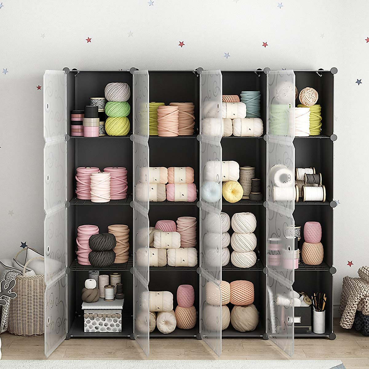 KOUSI Portable Cube Storage - 14"x14" Cube Cube Organizer Storage Organizer Clothes Storage Storage Shelves Furniture for Clothes Plastic Dresser Storage Cubes, Black (4x4 Cubes)