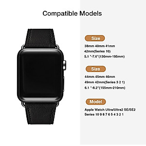 MNBVCXZ Compatible with Apple Watch Band 38mm 40mm 41mm 42mm 44mm 45mm 46mm 49mm Women Men Genuine Leather Replacement Strap for iWatch Series 10 9 8 7 6 5 4 3 2 1 SE Ultra (Black/Black)