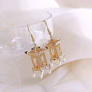 Holibanna 1 Pair Bead Tassel Earrings Gold Drop Earrings Pavilion Shaped Design Earrings Decorative Chinese Style Ear Jewelry Party Dangle Earrings for Women Ladies