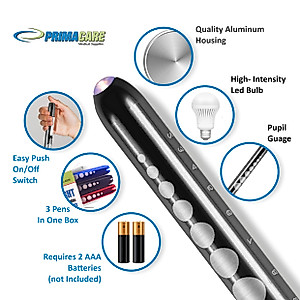 Primacare DL-9326 Aluminum Diagnostic Reusable Penlights | Pupil Gauge | 6-Inch LED Medical Pen Light | Professional Medical Supplies for EMT, Nurses, Doctors, Dentists & Hospitals | Multicolor 3 Pack