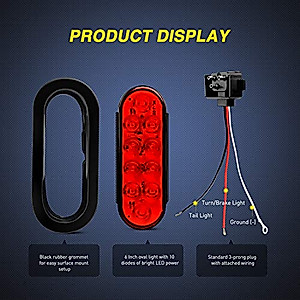 Nilight - TL-07 6 Inch Oval Red Led Trailer Tail Lights 4PCS 10 Led with Flush Mount Grommets Plugs IP67 Waterproof Stop Brake Turn Trailer Lights for RV Truck