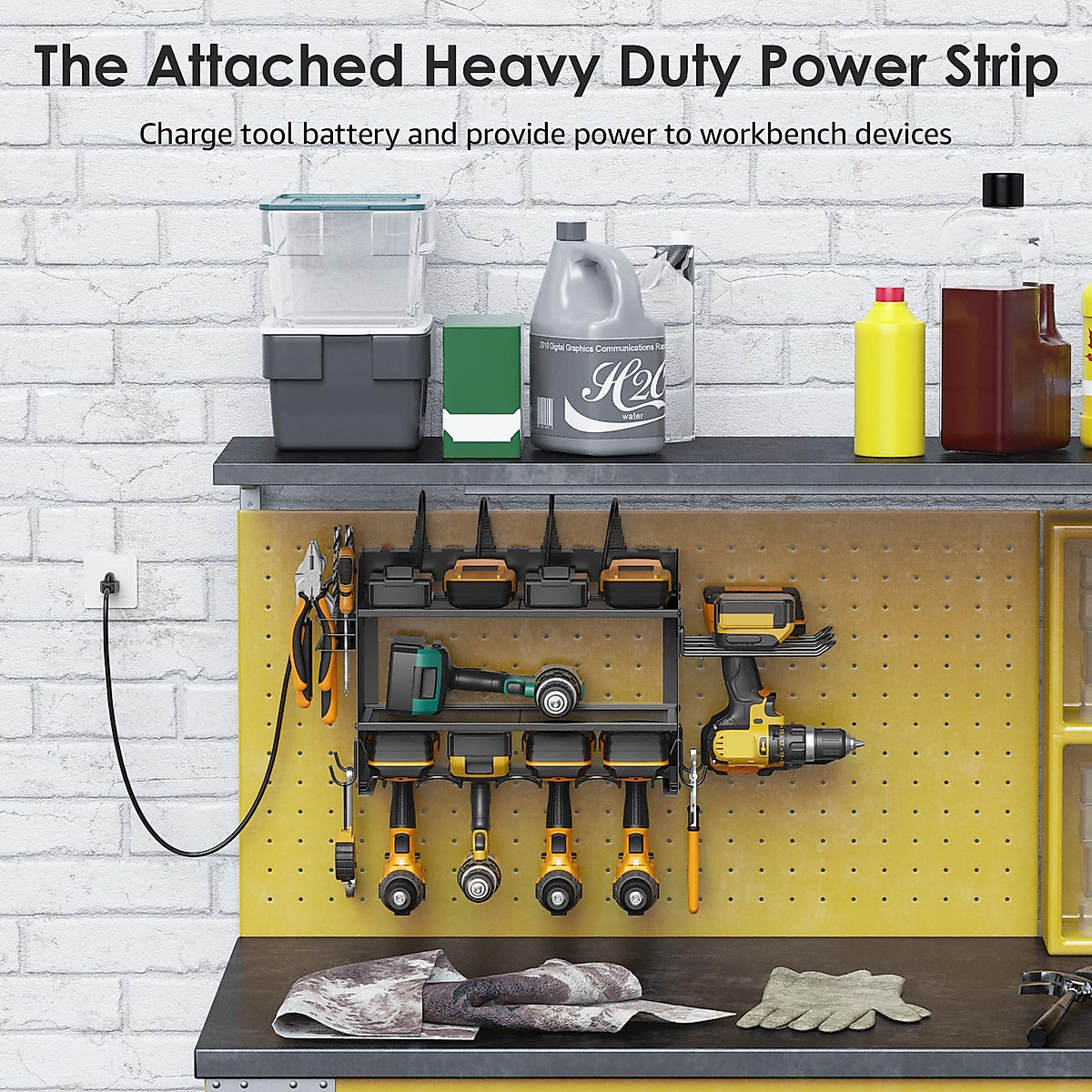 CCCEI Modular Power Tool Organizer Wall Mount Charging Station, Black 6 Drills Holder with 8 Plug Power Strip, Garage Drill Battery Heavy Duty Metal Shelf, Utility Rack with Hooks, Side Storage.
