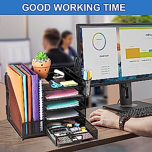 BainGesk Desk Organizers and Accessories, Desk Organizer with File Holder, 5-Tier Paper Letter Tray Organizer with Drawer and 2 Pen Holder, Mesh Desktop Organizer and Storage for Office Supplies