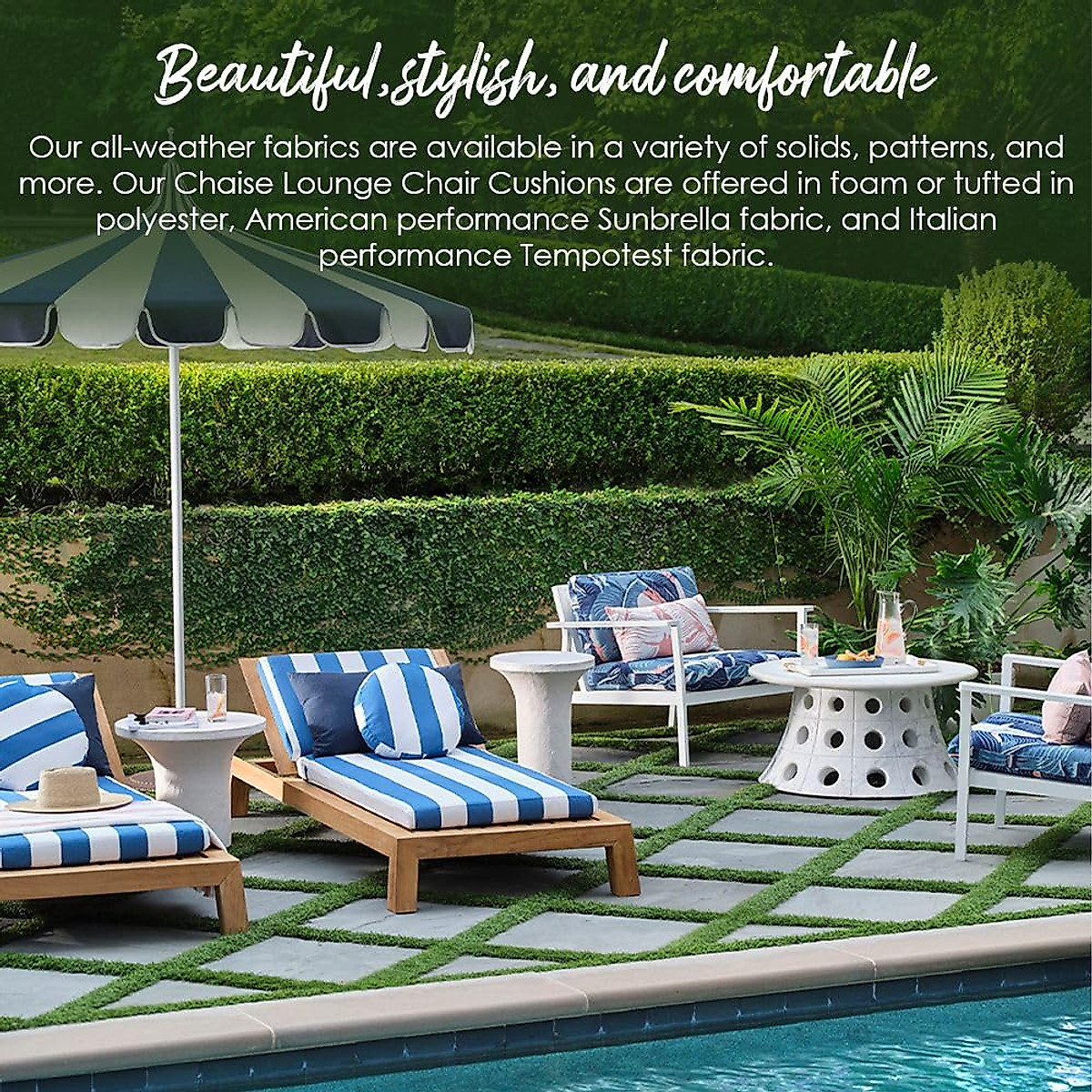 RSH DECOR: Tufted Chaise Lounge Seat Cushion | 72” x 22” | All-Weather Spun Fabric | Water and Fade-Resistant | Outdoor Chair Cushion for Patio Furniture | Grey & White Stripe