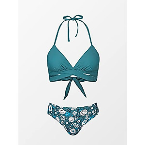 CUPSHE Women Bikini Sets Two Piece Swimsuits Deep V Neck Cutout Halter Back Tie Triangle Top Floral Mid Waisted Bottom M