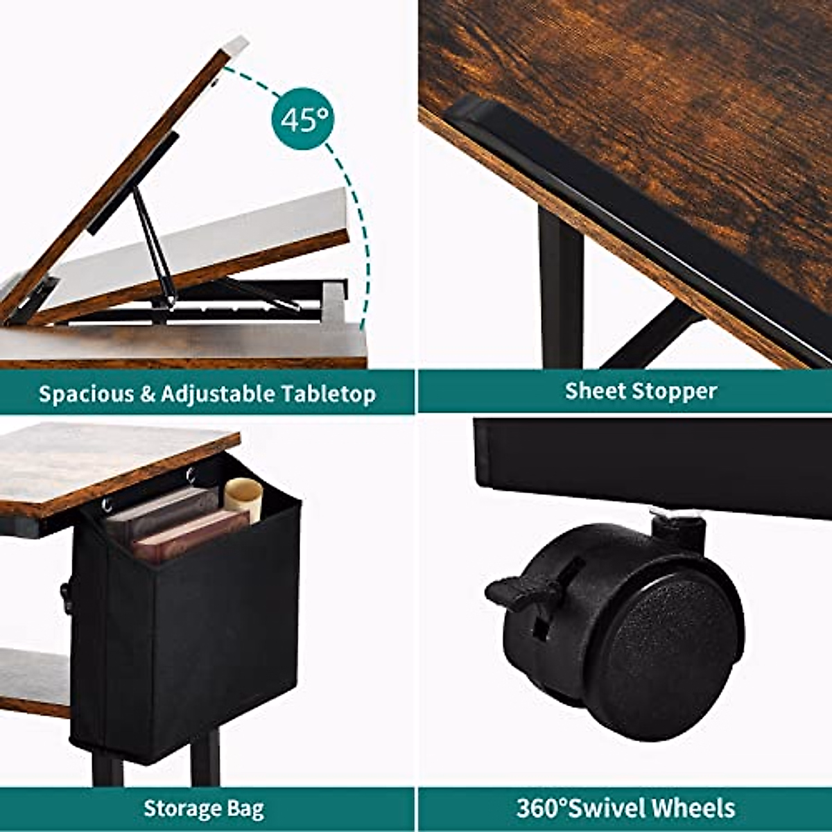 YITAHOME Height Adjustable Table with Charging Station, Portable Desk with Wheels, Small Standing Rolling Computer Desk with Tiltable Tabletop and Storage Bag, Brown