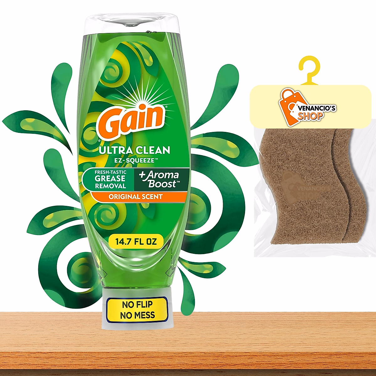 Gain EZ-Squeeze Dishwashing Liquid Dish Soap + Includes Venancio’sfridge Sticker and Cleaning Sponge (Original Scent 14.7 fl oz – Pack of 1)