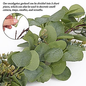 CEWOR 6.5ft Artificial Eucalyptus Garland Detachable Faux Greenery Vines Silver Dollar Eucalyptus Leaves with White Buds for Farmhouse Mantle Wedding Arch Table Centerpiece Backdrop