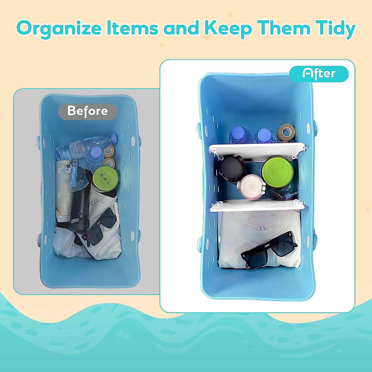 JAPBOR Divider Tray for Beach Bag - 8PCS Beach Bags Accessories Include Divider Trays Compatible, Hook, Key Holder, Insert Charm Organizer Divide Saving Space for Organizing Simple Tote Bag with Holes