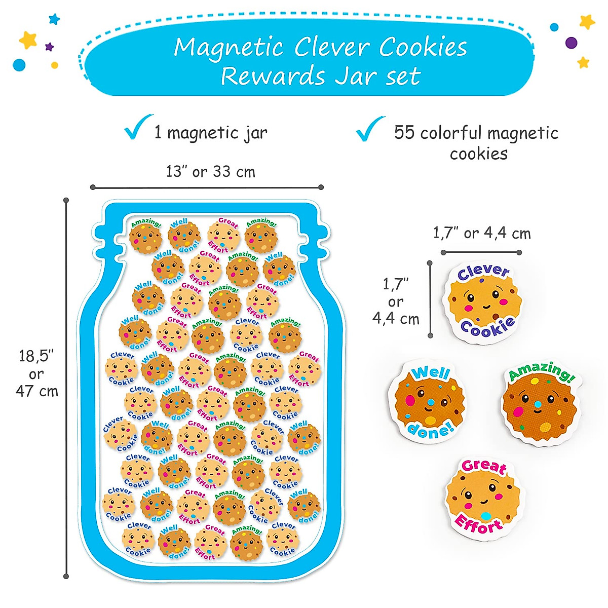 Simply magic 50+5 PCS Magnetic Clever Cookies Rewards Jar for Kids - Behavior Management Classroom Tools, Marble Jar Reward System for Classroom, Positive Behavior Reward Chart for Classroom