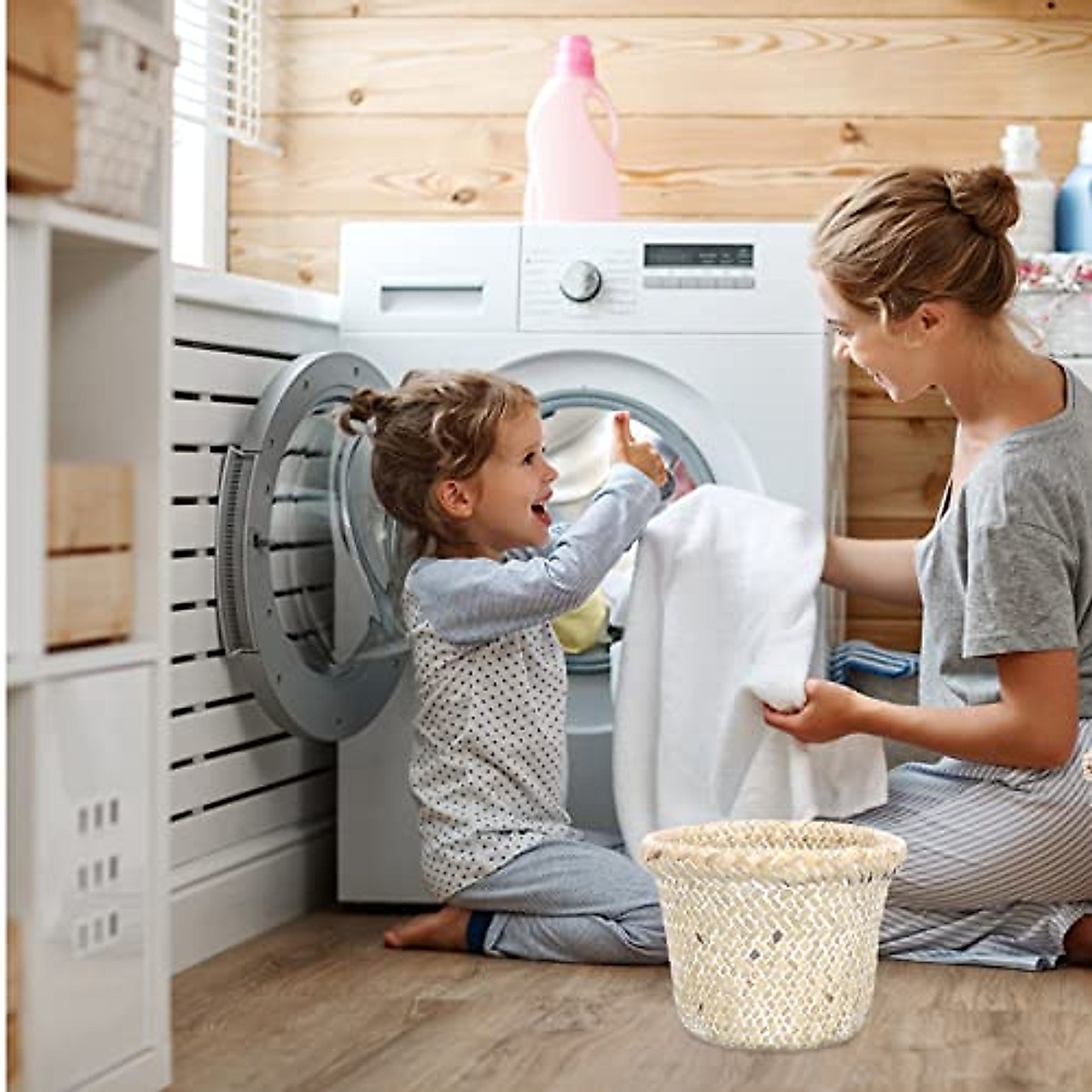 Zerodeko Woven Hamper 2pcs Rattan Trash Can Woven Water Hyacinth Wicker Waste Basket Garbage Container Bin Plant Pot Laundry Basket for Bathroom Kitchen Woven Baskets