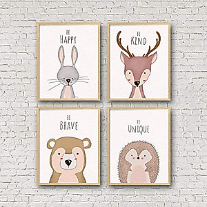 6 set- Woodland Animal Art Print, Safari Rabbit Reindeer Fox Bear with Inspirational Quote Canvas Wall Print For Kids Bedroom Classroom (Unframed, 8"X10")