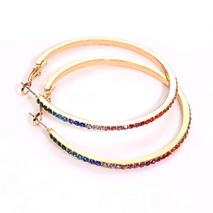 Crystal Hoop Earrings for Women Large Dazzling Rainbow Rhinestone Circle Fashion Earrings Sensitive Ears Pierced Earrings (Gold Rainbow)