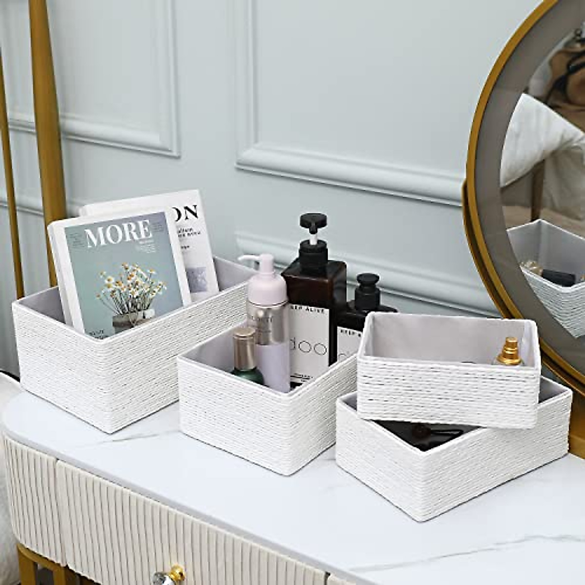 IFNOW Small Basket Set 4 - Stackable Woven Basket Paper Rope Bin, Storage Boxes for Bathroom Storage Organizer Minimalist Style