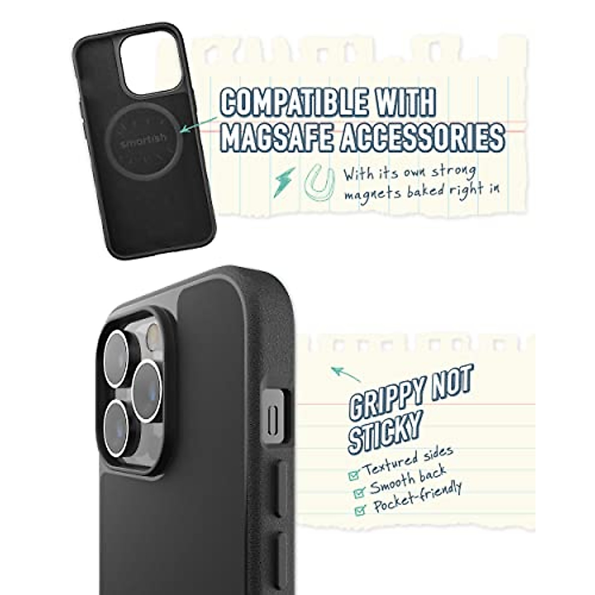 Smartish iPhone 14 Pro Slim Case - Gripmunk Compatible with MagSafe [Lightweight + Protective] Thin Grip Cover with Microfiber Lining - Black Tie Affair