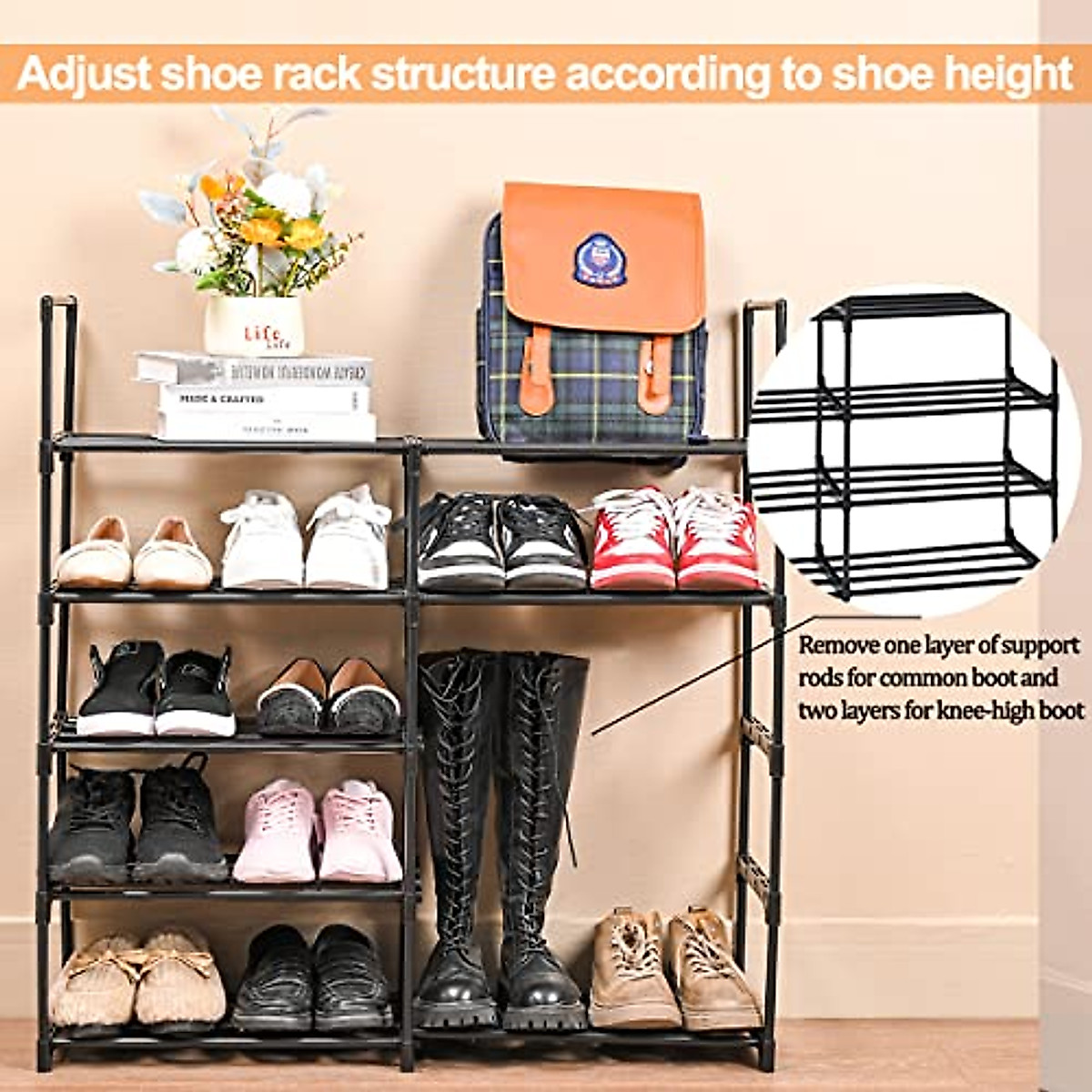 JUMAIPRO 5-Tiers Shoe Rack, 20 Pairs Shoe Storage Organizer, Double Row Free Standing Shoe Racks, Metal Stackable Shoe Tower, Black Shoe Shelf for Entryway Closet Bedroom Hallway Patio