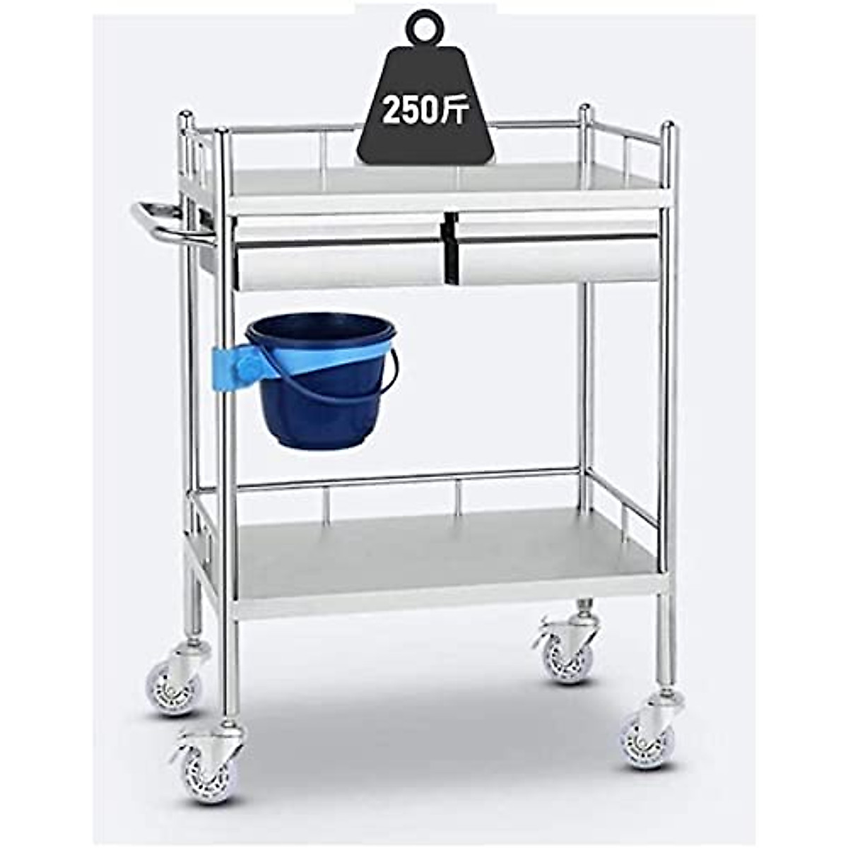 Utility Cart Lab Serving Cart, Medical Cart 2-Layer，Stainless Steel Lab Medical Car with Drawers and Dirt Bucket Mobile Trolley Serving Equipment with Drawers and Silent Omnidirectional Wheel (Size :