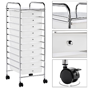 Topeakmart Plastic Trolley with 10 Drawers Rolling Cart Organizer Utility Cart Storage Bin Organizer on Wheels, White