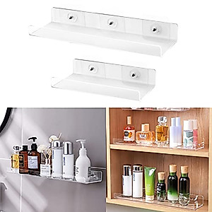 jomgeroz Acrylic Bathroom Shelves Wall Mounted Shower Shelve No Drilling Adhesive Thick Clear Storage & Display Shelves Bathroom Small Wall Shelf with Hooks